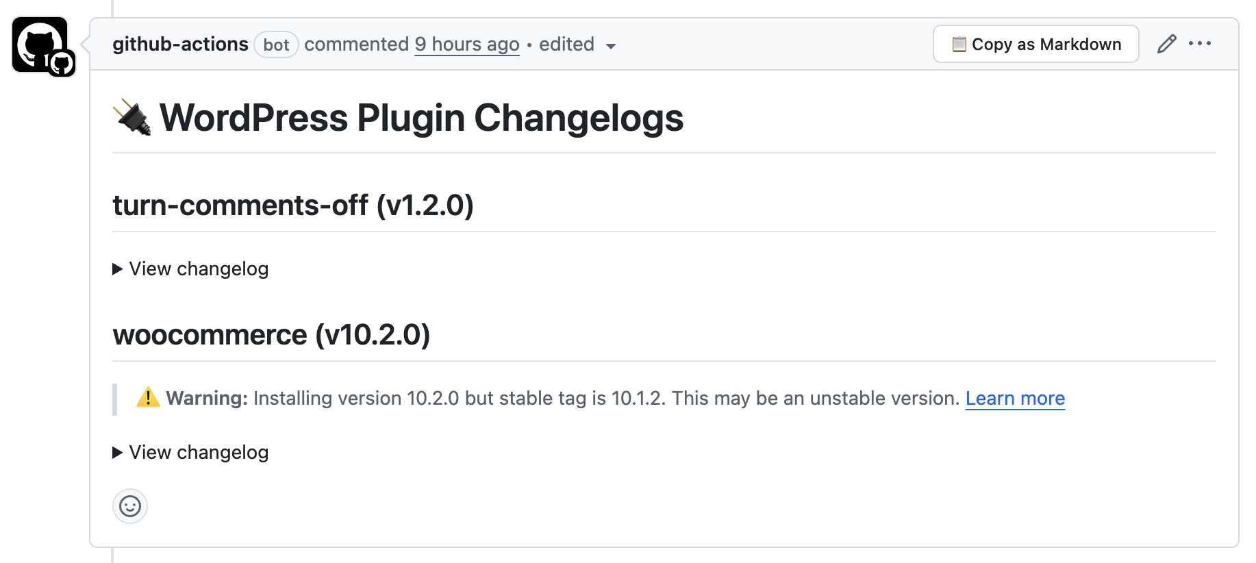 WPackagist Changelog Action with Stable Version Warnings | Roots